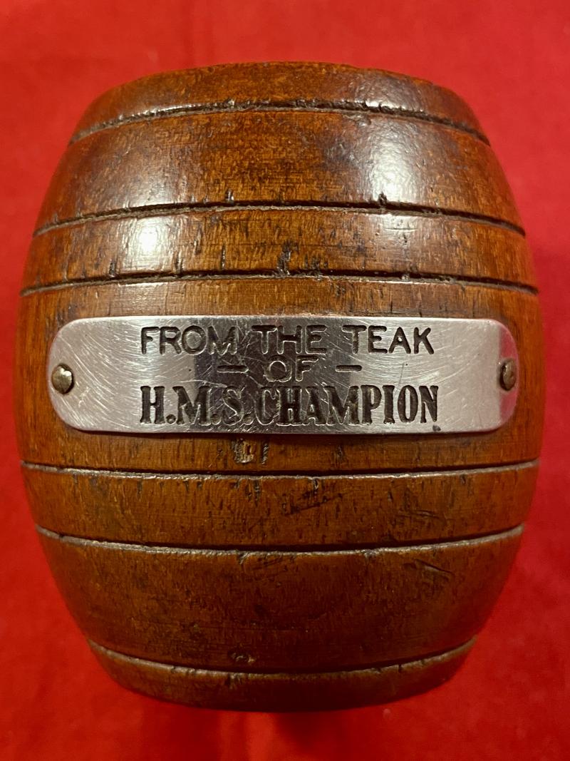 BOAS Militaria | WW1 Teak Barrel Match Holder from H.M.S. Champion 1915